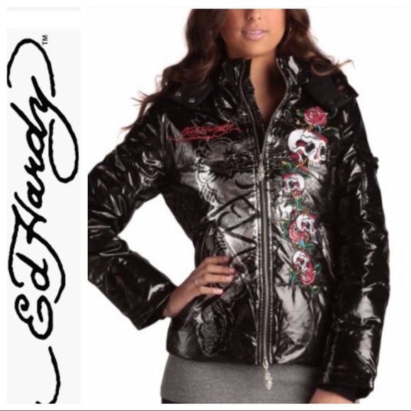 Ed Hardy | Jackets & Coats | Rare Ed Hardy Skulls And Roses Puffer ...